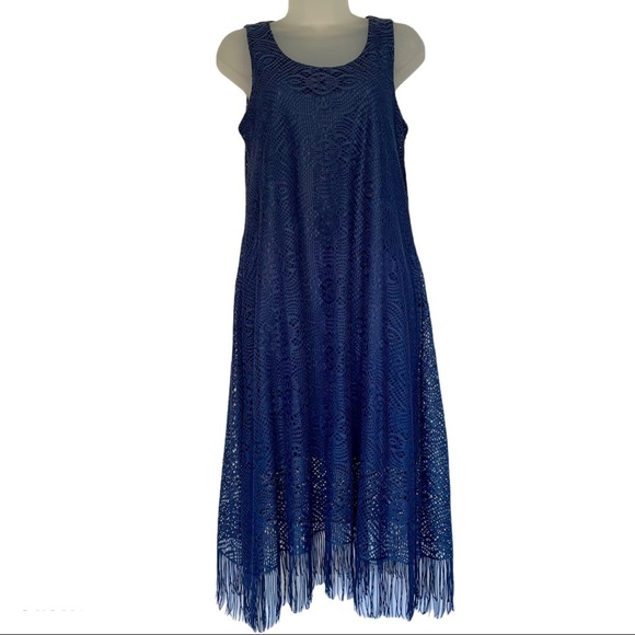 ONE WORLD | Dresses | New One World Blue Midi Dress Crochet Lace Tassel ...